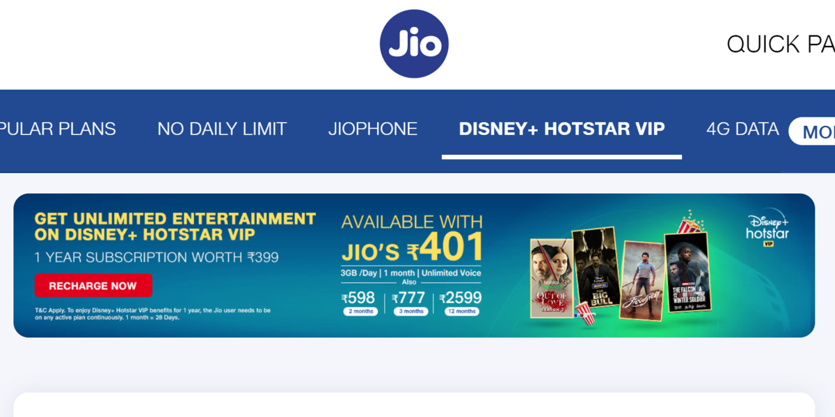 Jio Introduces New Plans with 1 Year Disney+Hotstar Mobile Subscription ...